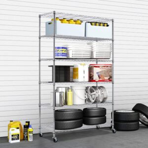 Hudada Garage Shelving 48 L×18 W×82 H Wire Shelving with Wheels Metal Storage Shelves Heavy Duty 6 Tier Adjustable Shelving with Casters for Restaurant Garage Pantry Kitchen Garage Rack - Chrome