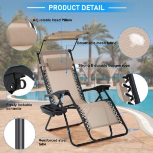 Zero Gravity Chair, 2 Pack Patio Lounge Chair Folding Outdoor Indoor Adjustable Backyard Recliner Chair Chaise with Cup Holder Tray and Canopy Shade for Pool, Beach, Lawn, Deck, Camping - Tan