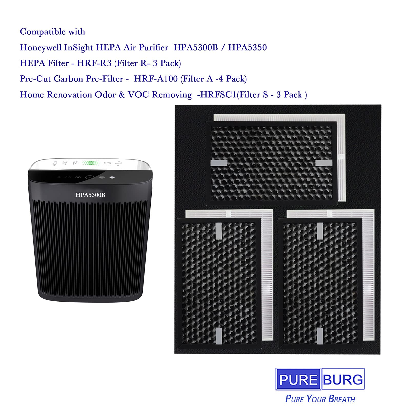 PUREBURG Replacement True HEPA Filter Kit Compatible with Honeywell InSight HPA5300B HPA5350 & PowerPlus HPA3300 Air Purifiers, HRF-R3(Filter R),HRFSC1(Filter S),HRF-A300(Filter A) HRF-ARVP300