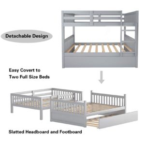 Olela Full Over Full Bunk Bed with Twin Trundle,Convertible Wood Full Bunk Bed Frame with Trundle Guard Rail Ladder for Kids Teens,No Box Spring Need,Gray