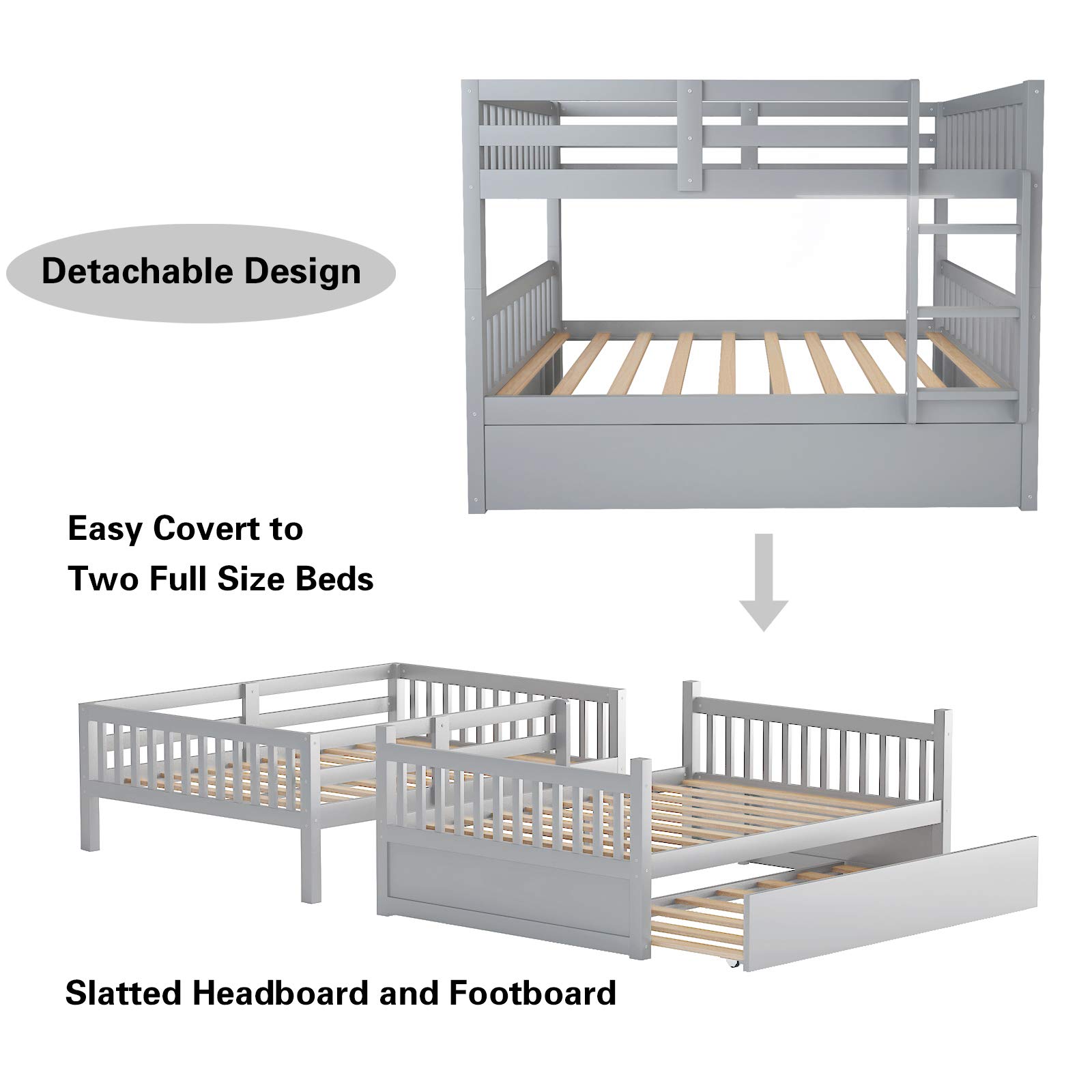 Olela Full Over Full Bunk Bed with Twin Trundle,Convertible Wood Full Bunk Bed Frame with Trundle Guard Rail Ladder for Kids Teens,No Box Spring Need,Gray