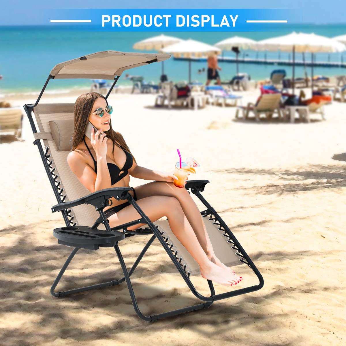 Zero Gravity Chair, 2 Pack Patio Lounge Chair Folding Outdoor Indoor Adjustable Backyard Recliner Chair Chaise with Cup Holder Tray and Canopy Shade for Pool, Beach, Lawn, Deck, Camping - Tan