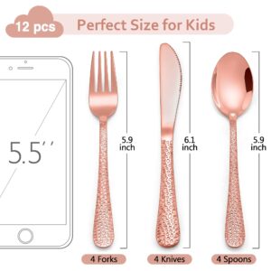 LIANYU 12-Piece Kids Copper Silverware Set, Stainless Steel Toddler Utensils, Hammered Metal Preschooler Flatware Cutlery Set, Children Tableware Includes Knives Forks Spoons, Dishwasher Safe