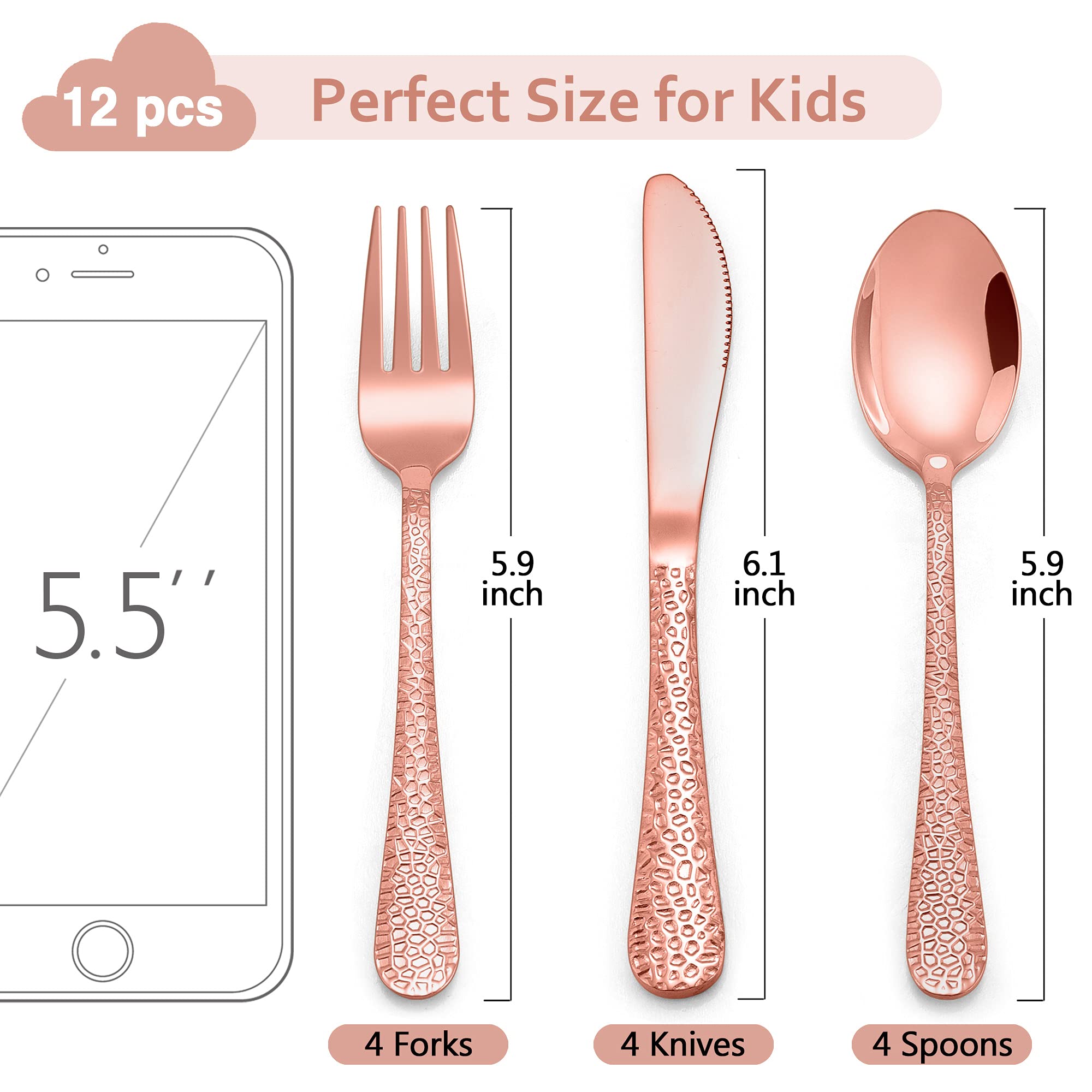 LIANYU 12-Piece Kids Copper Silverware Set, Stainless Steel Toddler Utensils, Hammered Metal Preschooler Flatware Cutlery Set, Children Tableware Includes Knives Forks Spoons, Dishwasher Safe