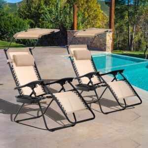 zero gravity chair, 2 pack patio lounge chair folding outdoor indoor adjustable backyard recliner chair chaise with cup holder tray and canopy shade for pool, beach, lawn, deck, camping - tan