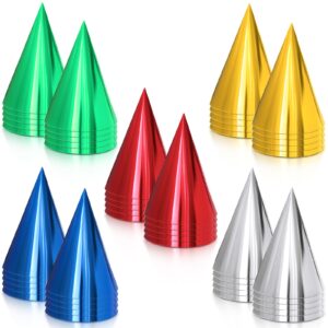 sumind party hat, costume headwear - 50 pieces cone paper hats with metallic foil, assorted colors for birthday, baby shower, anniversary, housewarming party and more - gold, silver, red, green, blue