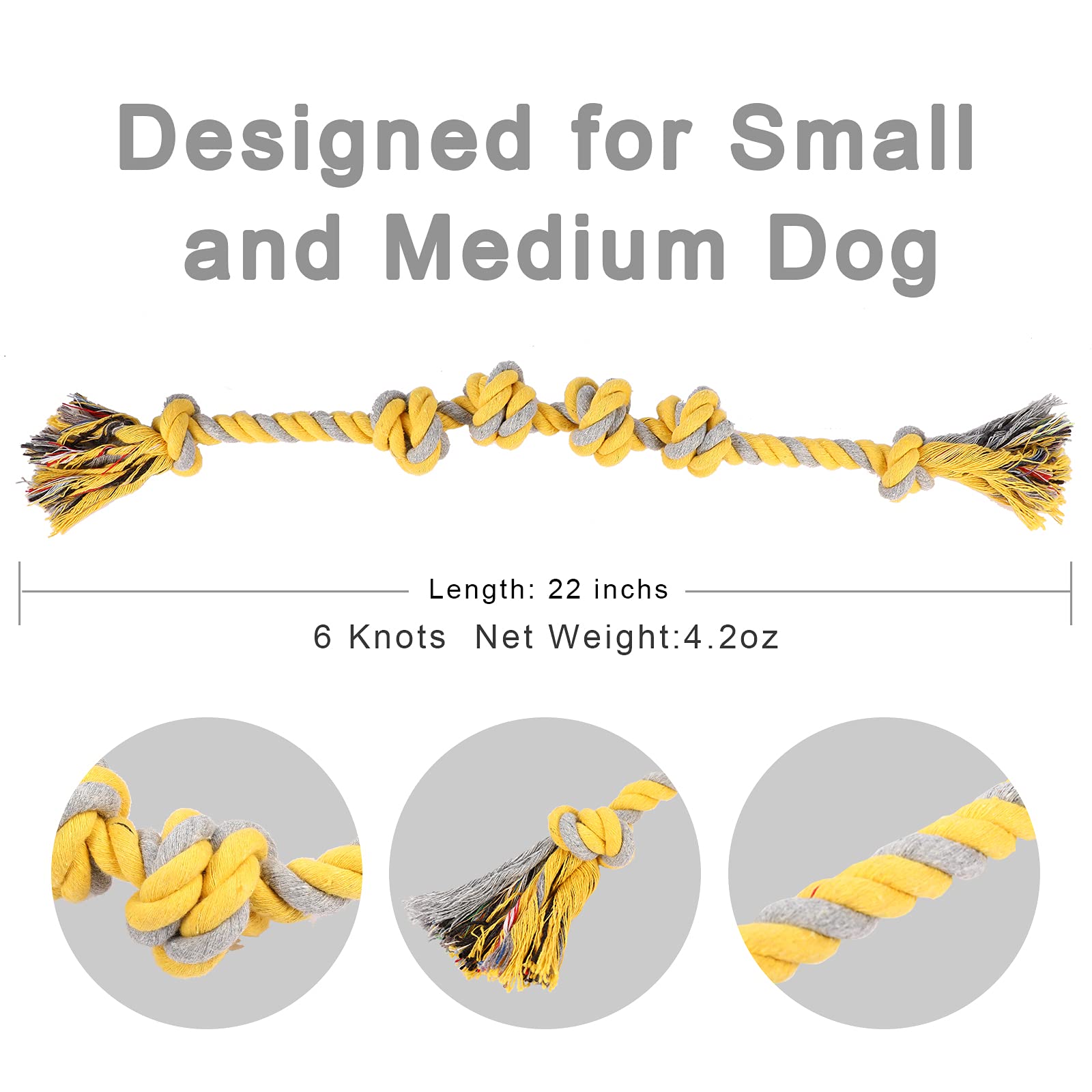 Caletoo Dog Rope Toys for Small Dogs, Rope Chew Toys for Aggressive Chewers, 22 Inchs Long 6 Knots Puppy Teething Chew Toy, Tug of War Interactive Tough Tug Dog Toys, Yellow