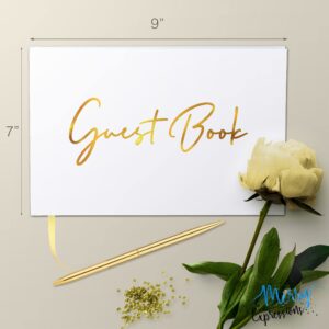 White & Gold Wedding Guest Book w/ Pen & Table Sign - Guestbook Sign in for Reception, Birthday Parties, Bridal or Baby Shower - Gilded Pages, Size 7"x9" inches - Blank Left Page for Polaroids