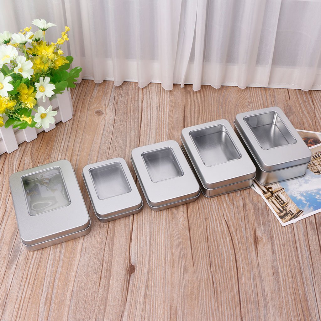 HELYZQ Rectangular Tin Silver Storage Box Case Organizer with Half Clear Window Lid