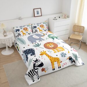 Feelyou Kids Zoo Animal Comforter Set Cute Wild Animals Bedding Set Cartoon Safari Wild Print Comforter for Boys Girls Children Teens Bedroom Decor Exotic Natural Theme Duvet Set Twin Size