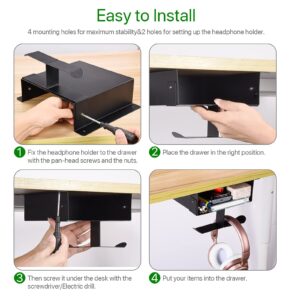 Ehaijia Stainless Steel Under Desk Storage Shelf with Dual Headset Hanger Hook Holder, Hidden Desk Drawer for Space Saving, Great Addition for Workstations, Easy to Install& Holds up to 10 lbs