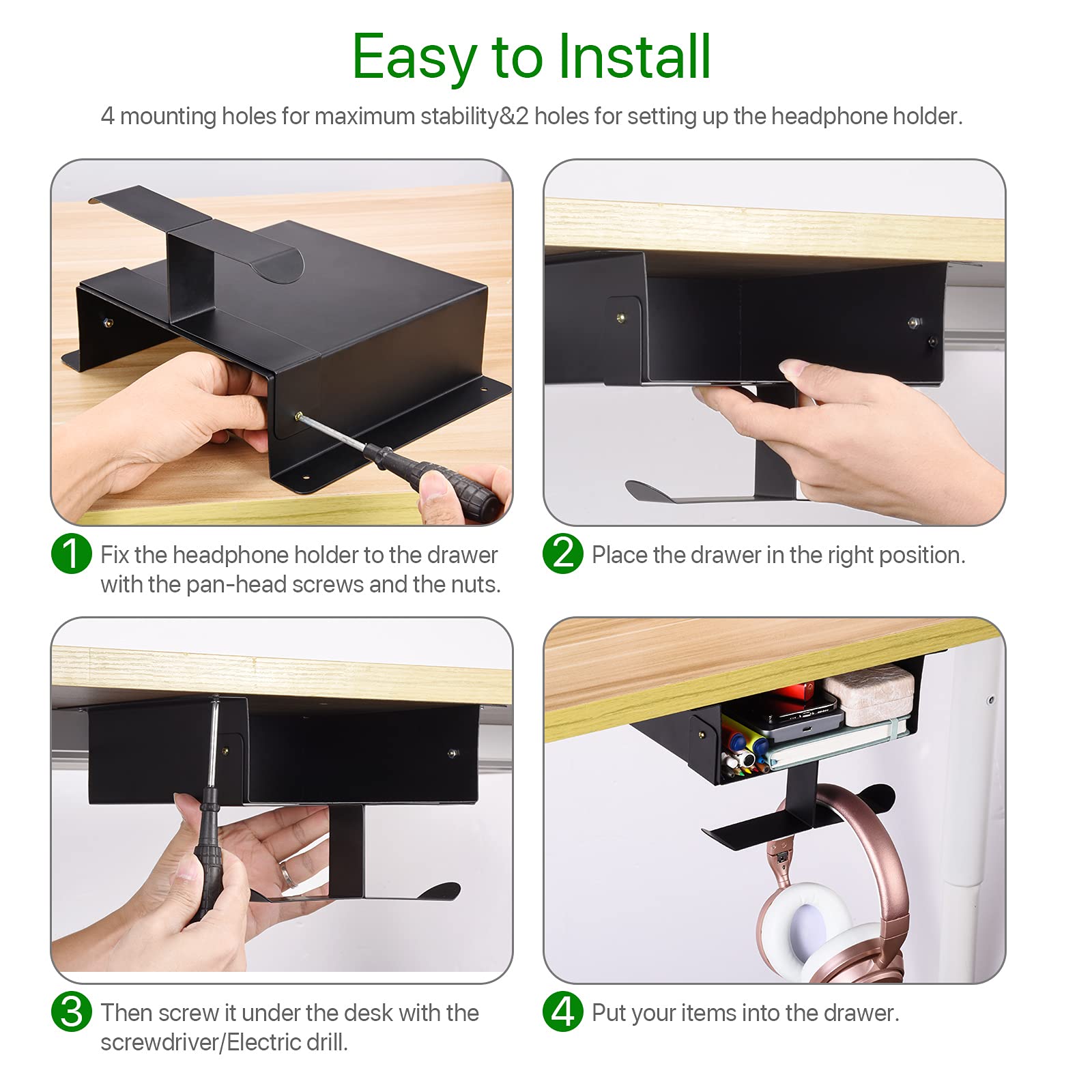 Ehaijia Stainless Steel Under Desk Storage Shelf with Dual Headset Hanger Hook Holder, Hidden Desk Drawer for Space Saving, Great Addition for Workstations, Easy to Install& Holds up to 10 lbs