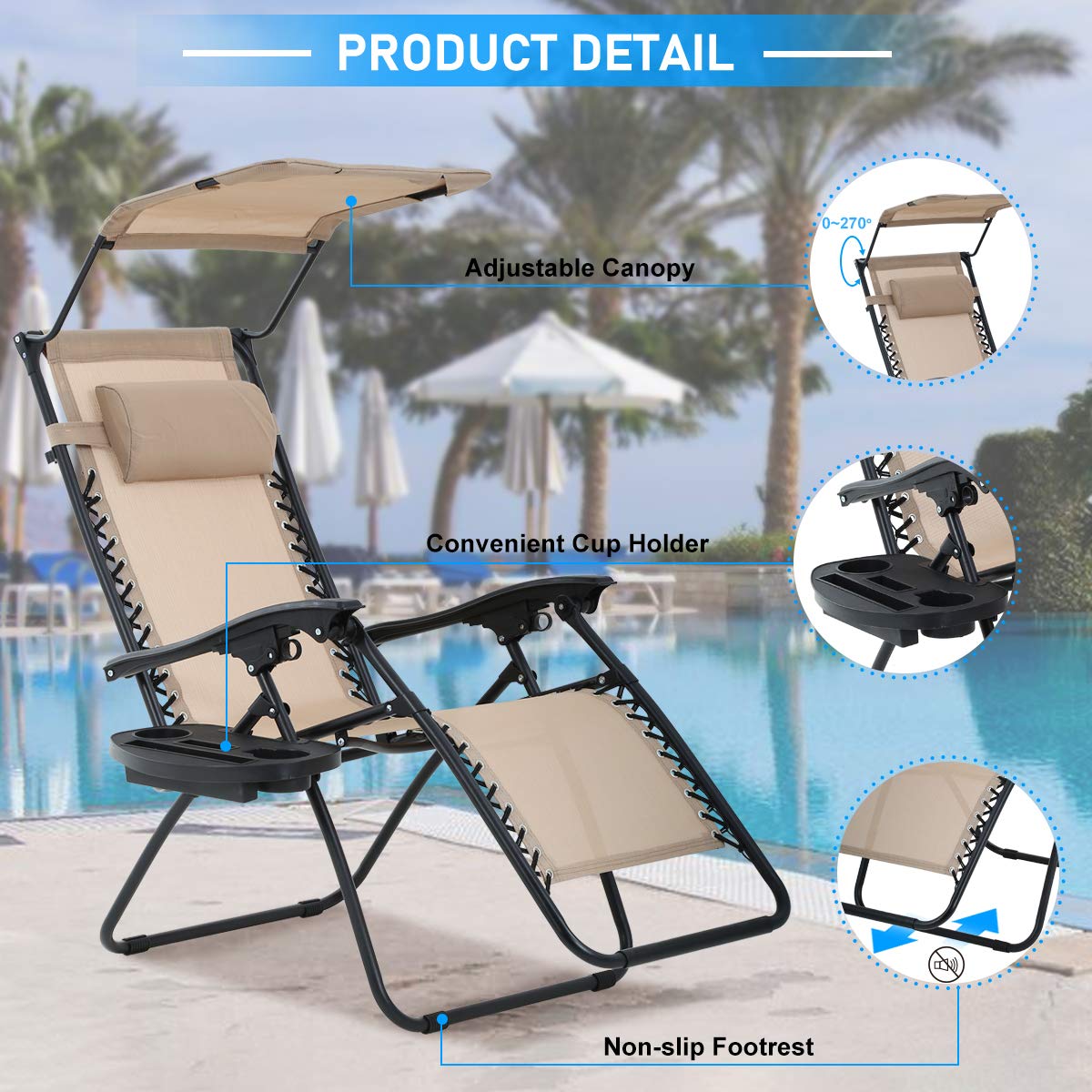 Zero Gravity Chair, 2 Pack Patio Lounge Chair Folding Outdoor Indoor Adjustable Backyard Recliner Chair Chaise with Cup Holder Tray and Canopy Shade for Pool, Beach, Lawn, Deck, Camping - Tan