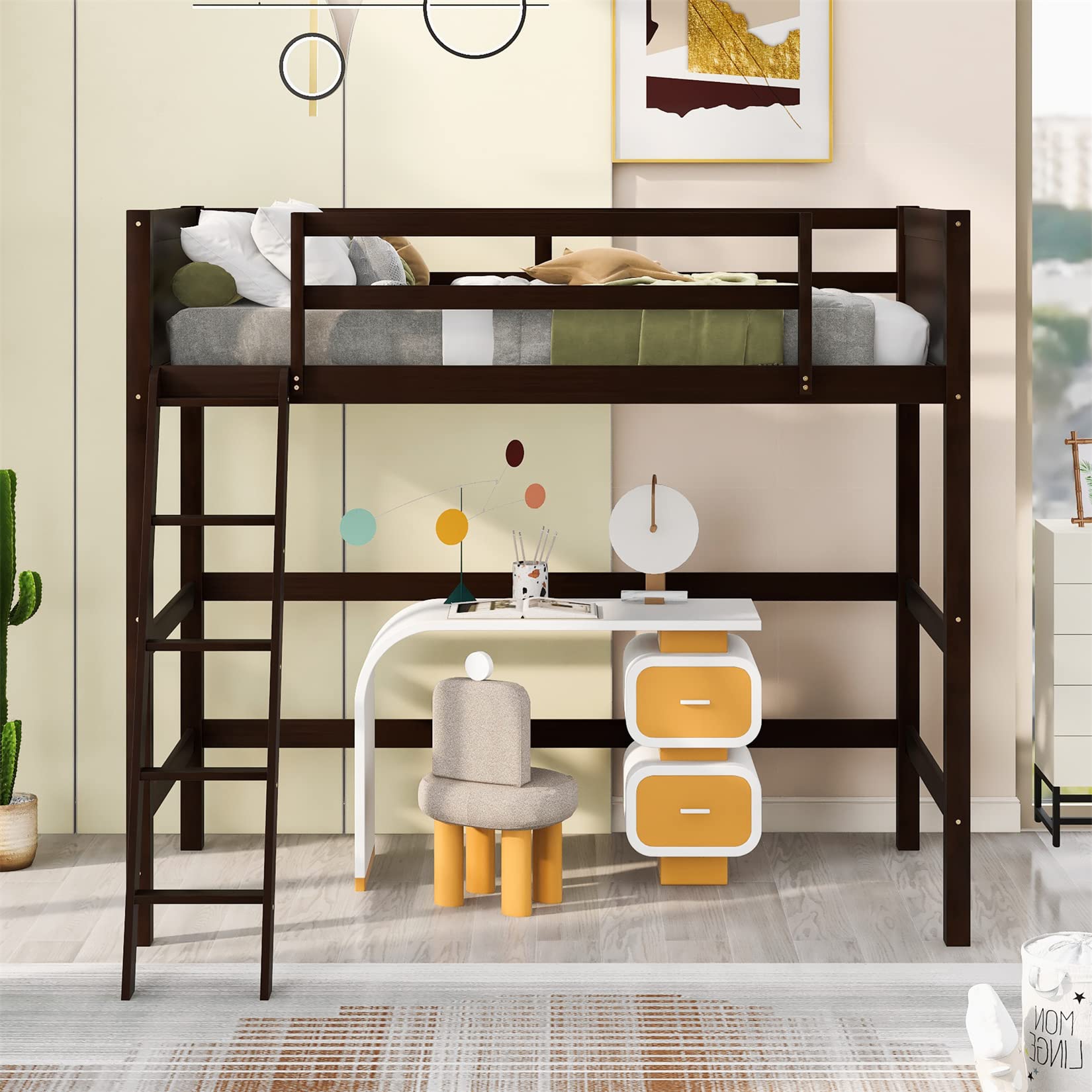 Harper & Bright Designs Twin Loft Beds, Wood Loft Bed for Kids, High Loft Bed Frame for Children Girls Boys Teens, Espresso