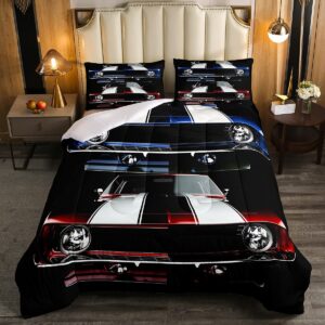 classic car comforter set race car down comforter retro old vehicles games bedding sets for kids boys racing automobile quilt set car theme bedroom decor with 1 comforter and 2 pillow cases queen size