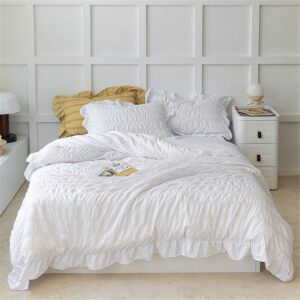 soukechy white ruffled bedding-2 pieces twin seersucker duvet cover textured stripe style, soft lightweight, washed microfiber, zipper closure and ties