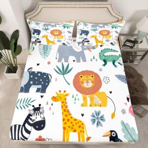 kids zoo animal fitted sheet & pillow sham set cute wild animals fitted sheet cartoon safari wild print bedding set for boys girls child teens bedroom decor exotic natural theme bed cover twin size…