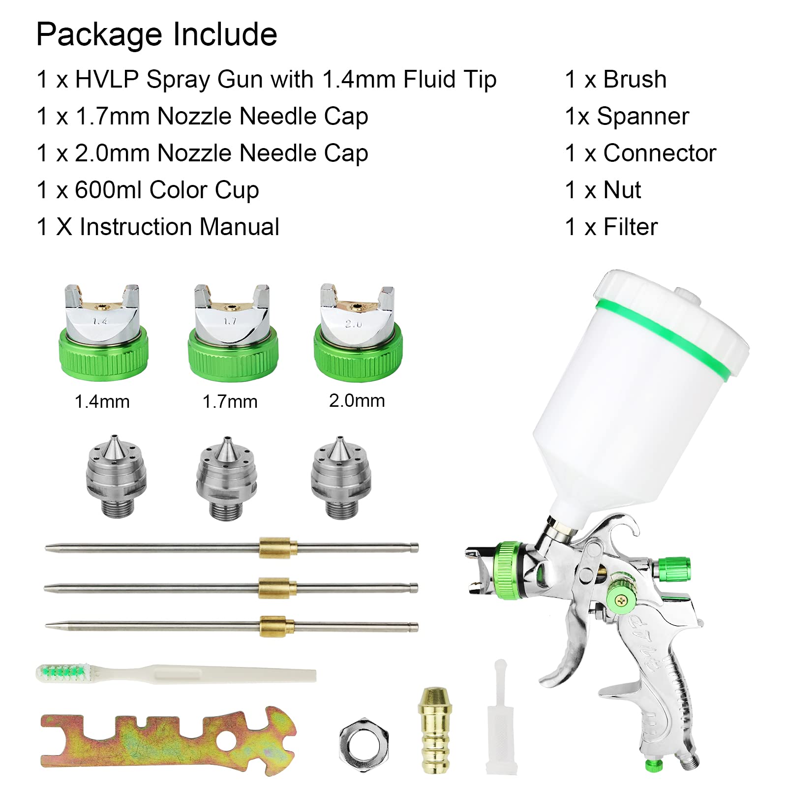 HVLP Spray Gun 1.4mm Tip with Replaceable 1.7mm 2.0mm Nozzle Hvlp Gravity Feed Paint Sprayer Gun with 600cc Color Cup and Wrench Air Spray Gun for Car Prime,Furniture Surface Painting,Base Coating