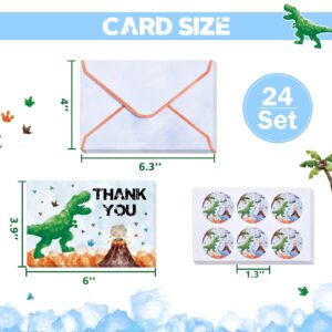 WERNNSAI Watercolor Dinosaur Kids Thank You Cards with Envelopes - Dinosaur Theme Party Supplies 24 Pcs Birthday Note Card with Dino Stickers for Boy Girl Fill in Blank Gift Cards 4'' X 6''