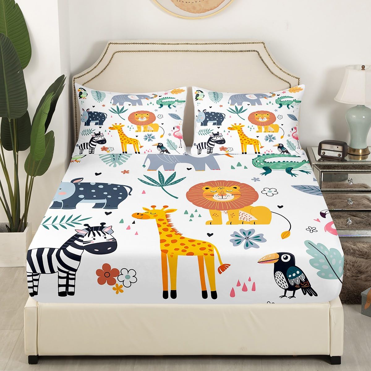 Kids Zoo Animal Fitted Sheet & Pillow Sham Set Cute Wild Animals Fitted Sheet Cartoon Safari Wild Print Bedding Set for Boys Girls Child Teens Bedroom Decor Exotic Natural Theme Bed Cover Twin Size…