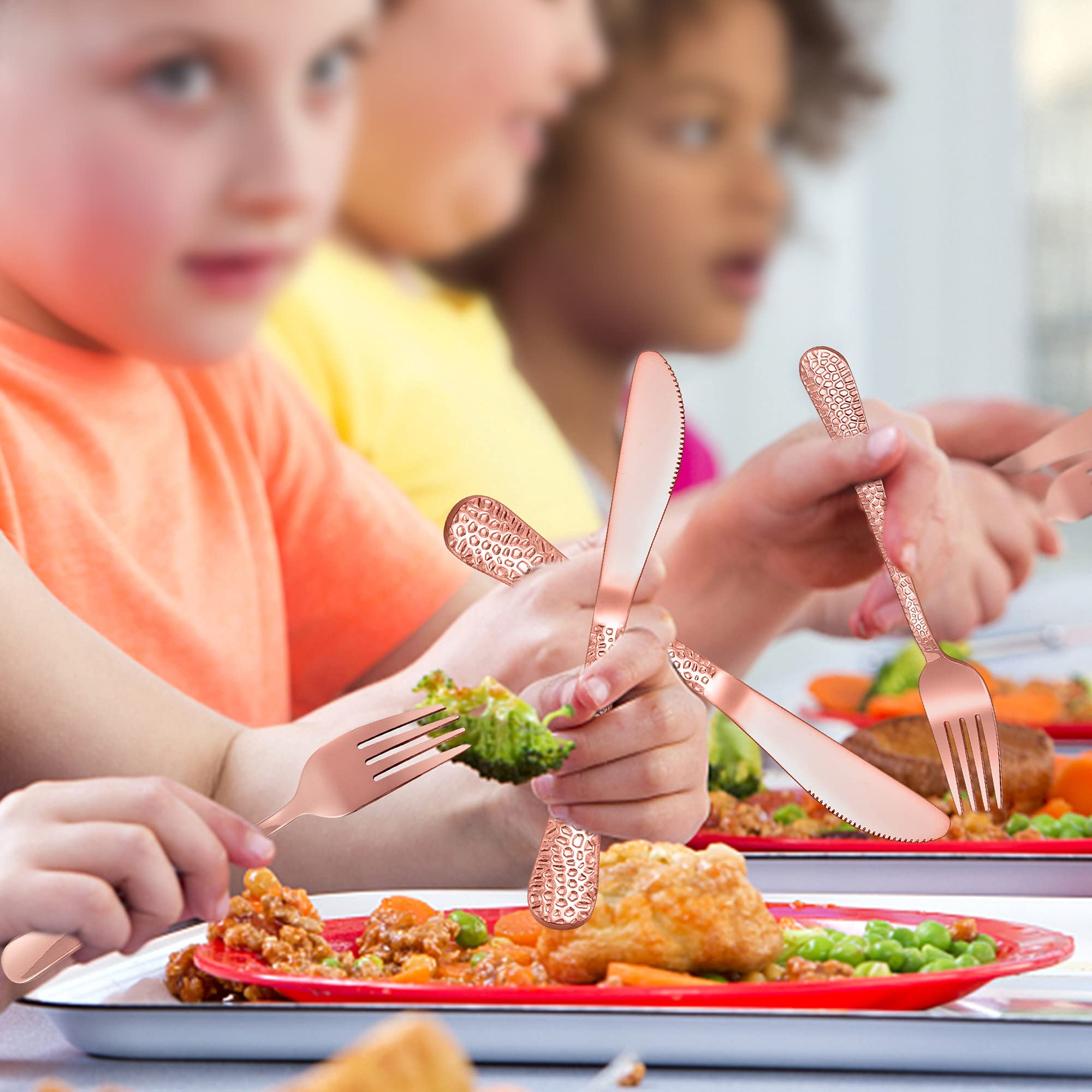 LIANYU 12-Piece Kids Copper Silverware Set, Stainless Steel Toddler Utensils, Hammered Metal Preschooler Flatware Cutlery Set, Children Tableware Includes Knives Forks Spoons, Dishwasher Safe