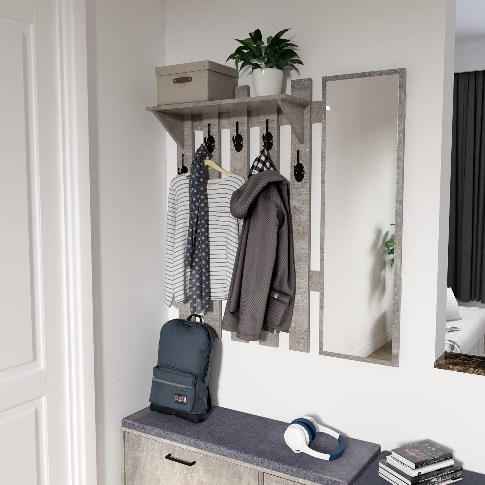 39.4" Coat Rack Wall Mount with Mirror, Wall Shelf with 5 Hooks and Storage for Hallway Entryway Modern (Grey)