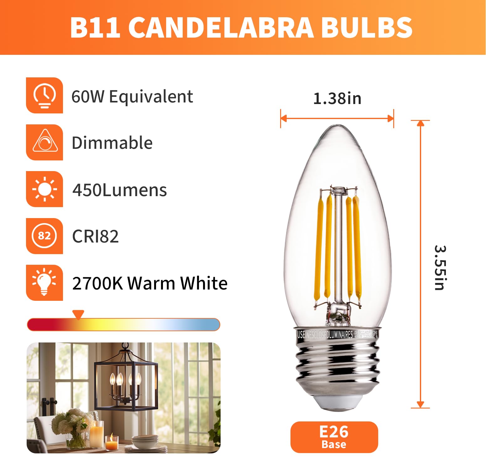 ALAMPEVER E26 LED Bulb 60 Watt, B11 Chandelier Light Bulbs, 2700K Soft White Candelabra LED Bulbs, 6 Pack Candle Light Bulbs