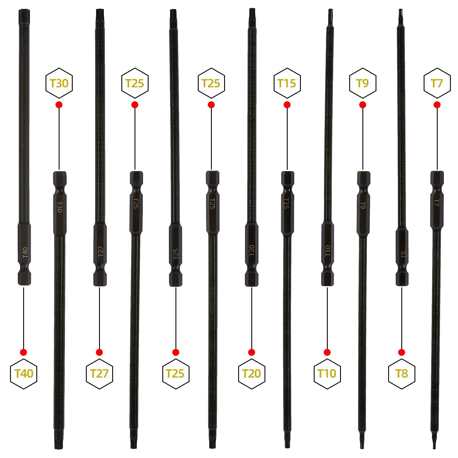 6" Long Torx Bit Set (12 Pack of Drill Bits with Case) Security Tamper Proof Star Design in T7, T8, T9, T10, T15, T20, T25 x 3, T27, T30, and T40