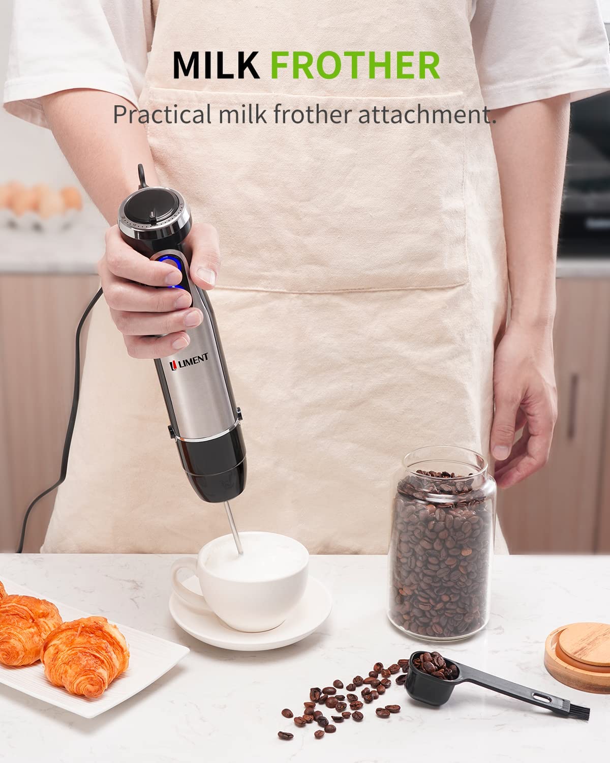 LIMENT 5-in-1 Multi-Purpose Hand Blender, 20-Speed Immersion Blender, Heavy Duty & Low-Noise DC Motor, With Food Chopper, Whisk, Milk Frother, Mixing Beaker, BPA-Free