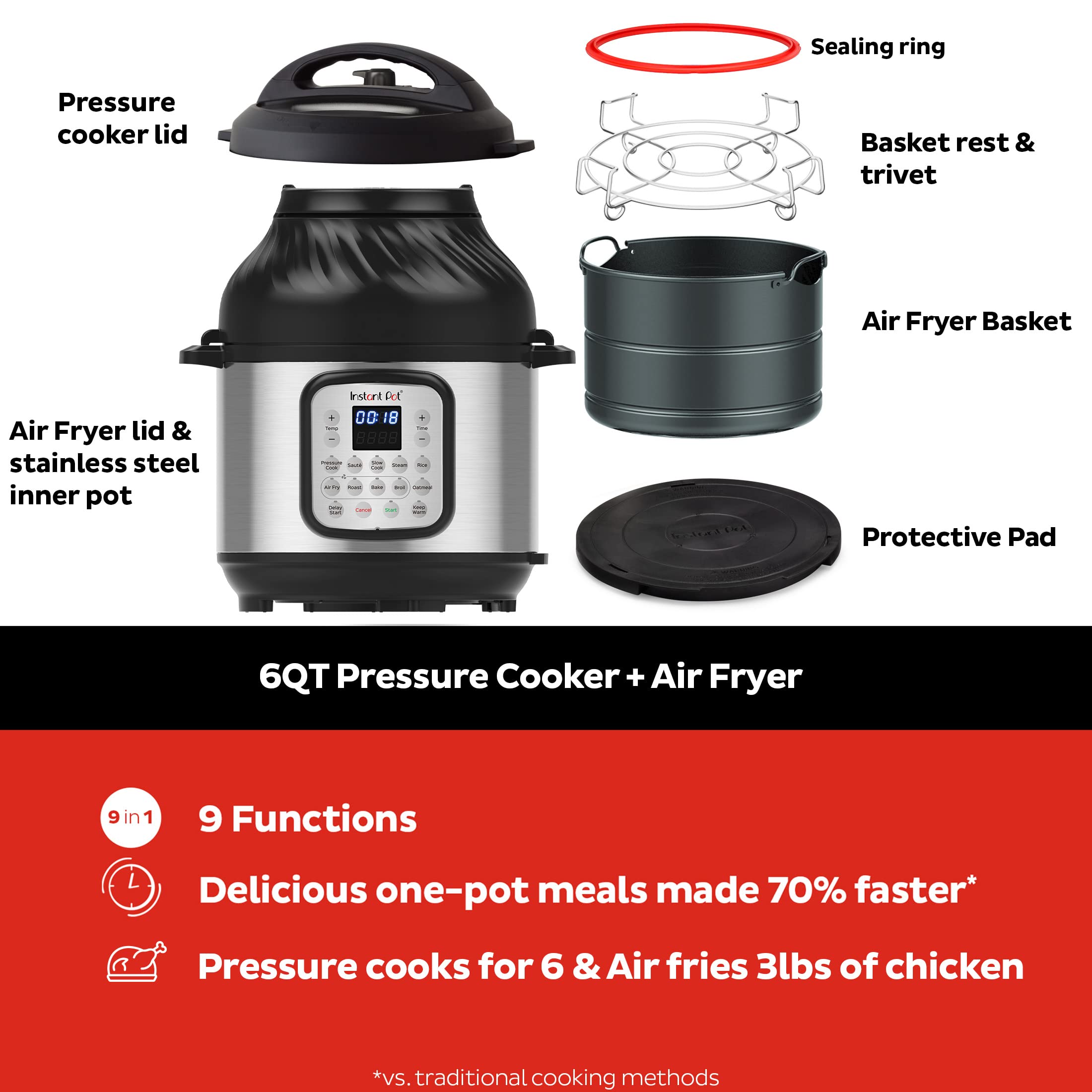 Instant Pot Duo Crisp 9-in-1 Electric Pressure Cooker and Air Fryer Combo with Stainless Steel Pot, Pressure Cook, Slow Cook, Air Fry, Roast, Steam, Sauté, Bake, Broil and Keep Warm