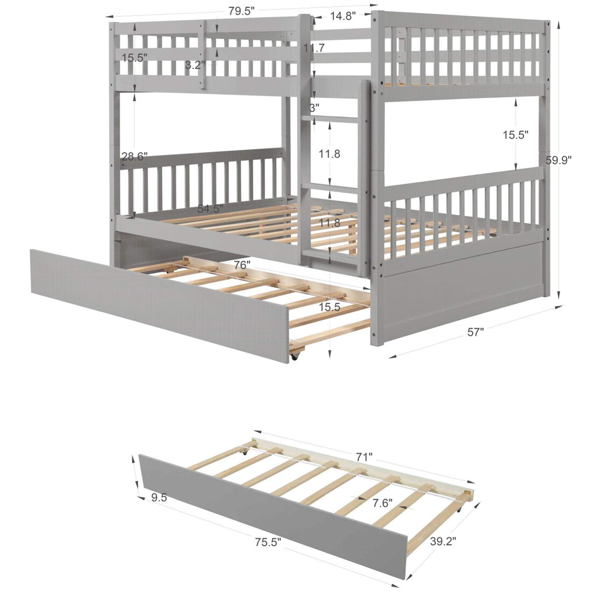 Olela Full Over Full Bunk Bed with Twin Trundle,Convertible Wood Full Bunk Bed Frame with Trundle Guard Rail Ladder for Kids Teens,No Box Spring Need,Gray