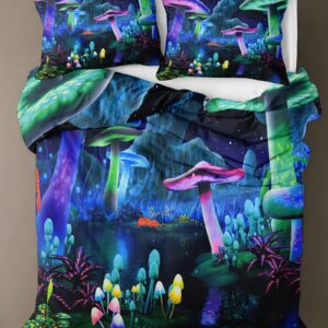 Mushroom Bedding Trippy Mushroom Duvet Cover Set Galaxy Sky Green Purple Mushroom Design Magic Cartoon Bedding Sets King 1 Duvet Cover 2 Pillowcases (King, Mushroom)