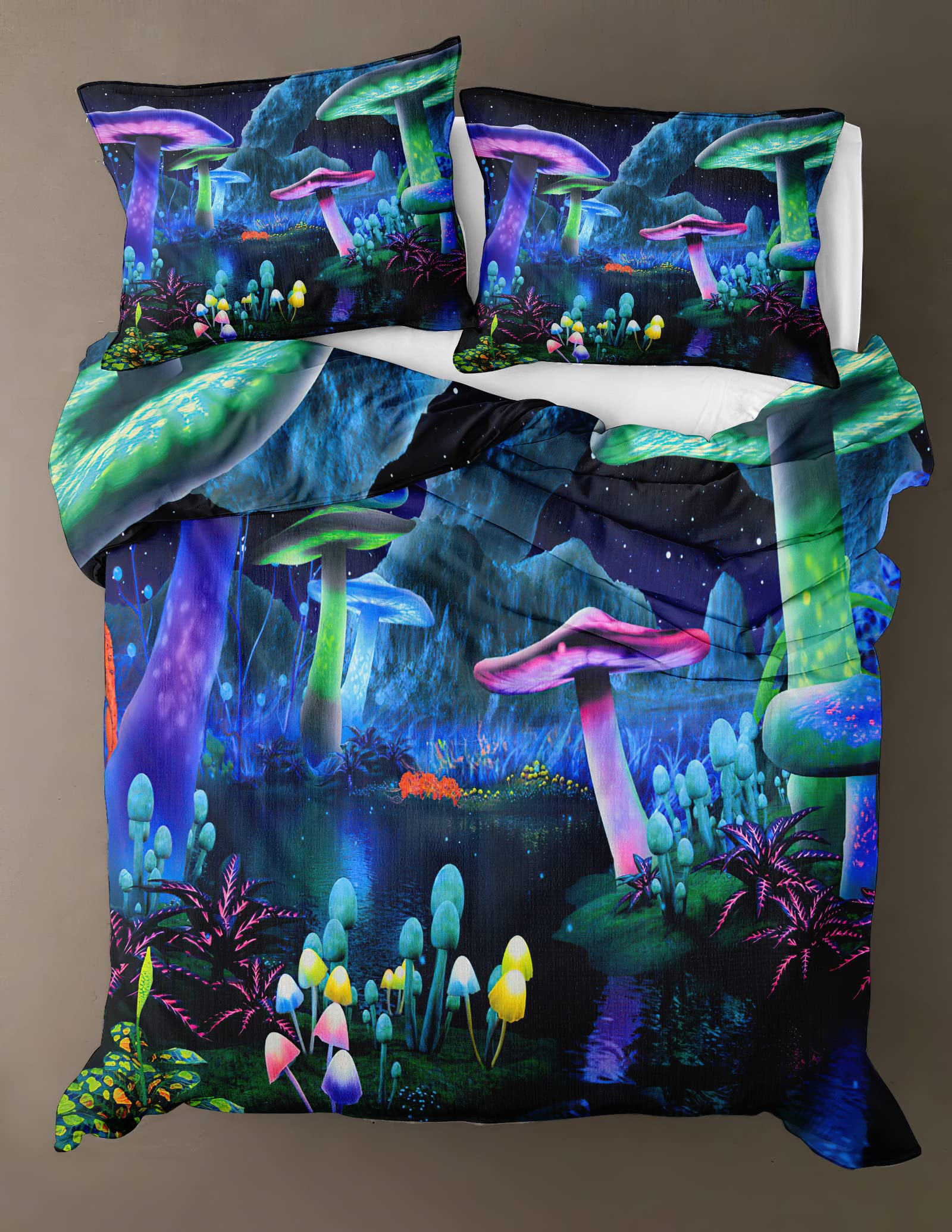 Mushroom Bedding Trippy Mushroom Duvet Cover Set Galaxy Sky Green Purple Mushroom Design Magic Cartoon Bedding Sets King 1 Duvet Cover 2 Pillowcases (King, Mushroom)