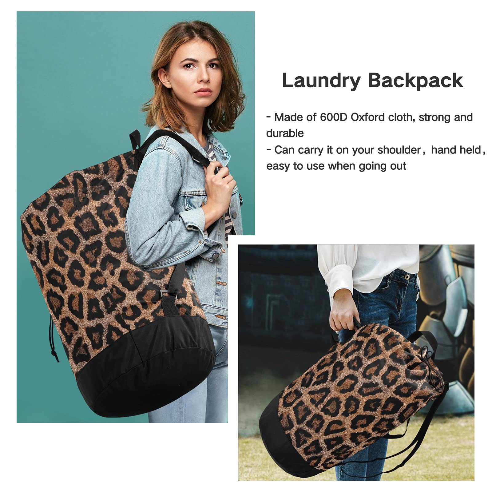 Leopard Laundry Bag Heavy Duty Laundry Backpack Large with Adjustable Shoulder Straps for Traveling Dirty Clothes Organizer for College Students Waterproof