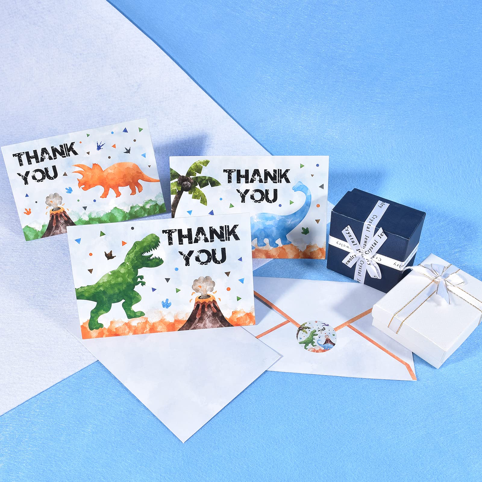 WERNNSAI Watercolor Dinosaur Kids Thank You Cards with Envelopes - Dinosaur Theme Party Supplies 24 Pcs Birthday Note Card with Dino Stickers for Boy Girl Fill in Blank Gift Cards 4'' X 6''