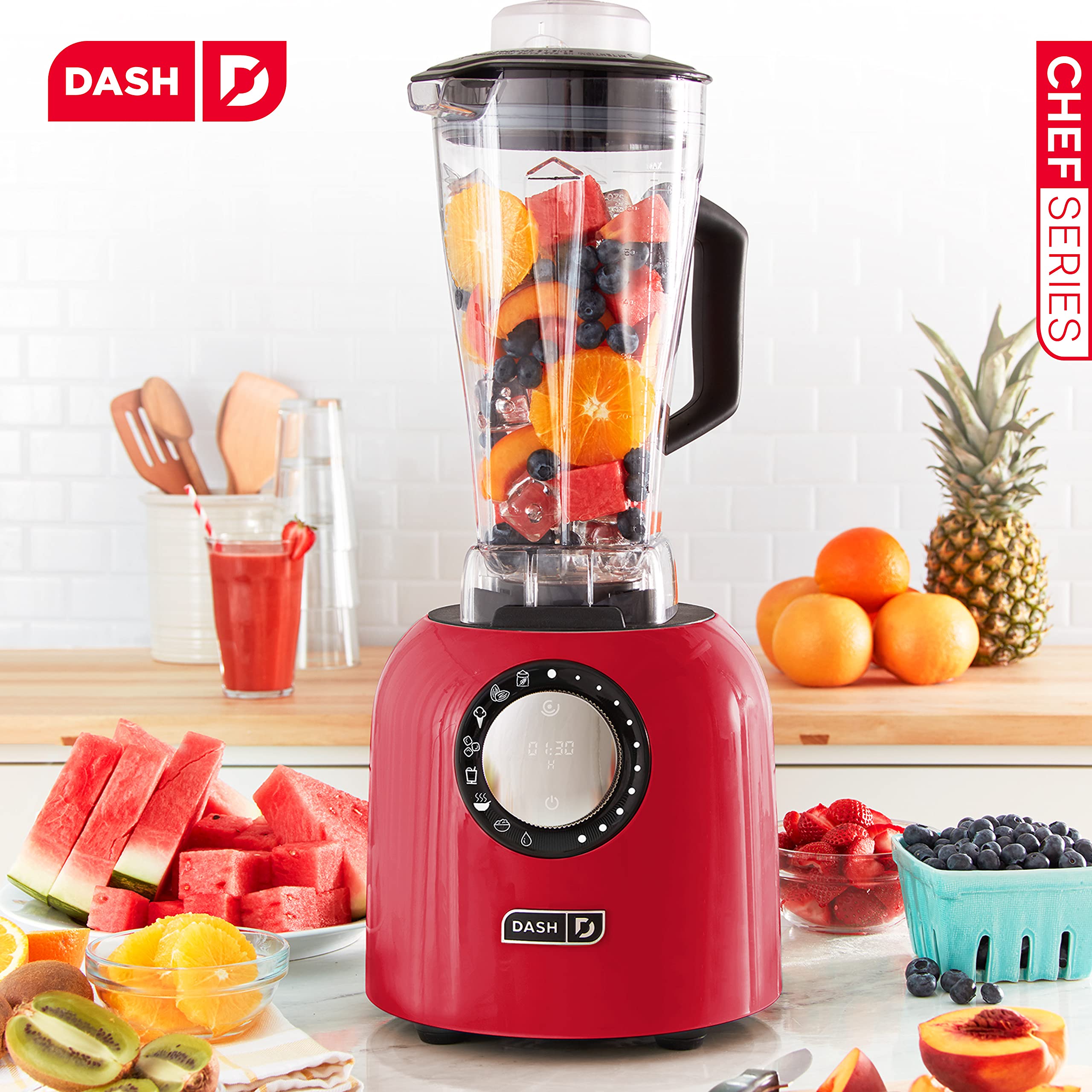 Dash Chef Series Deluxe Digital 64 oz Countertop Blender, with Stainless Steel Blades, Tritan Blending Jug, Tablet Stand & USB Charging Port, for Smoothies, Nut Butters, Purees, Soup and More - Red