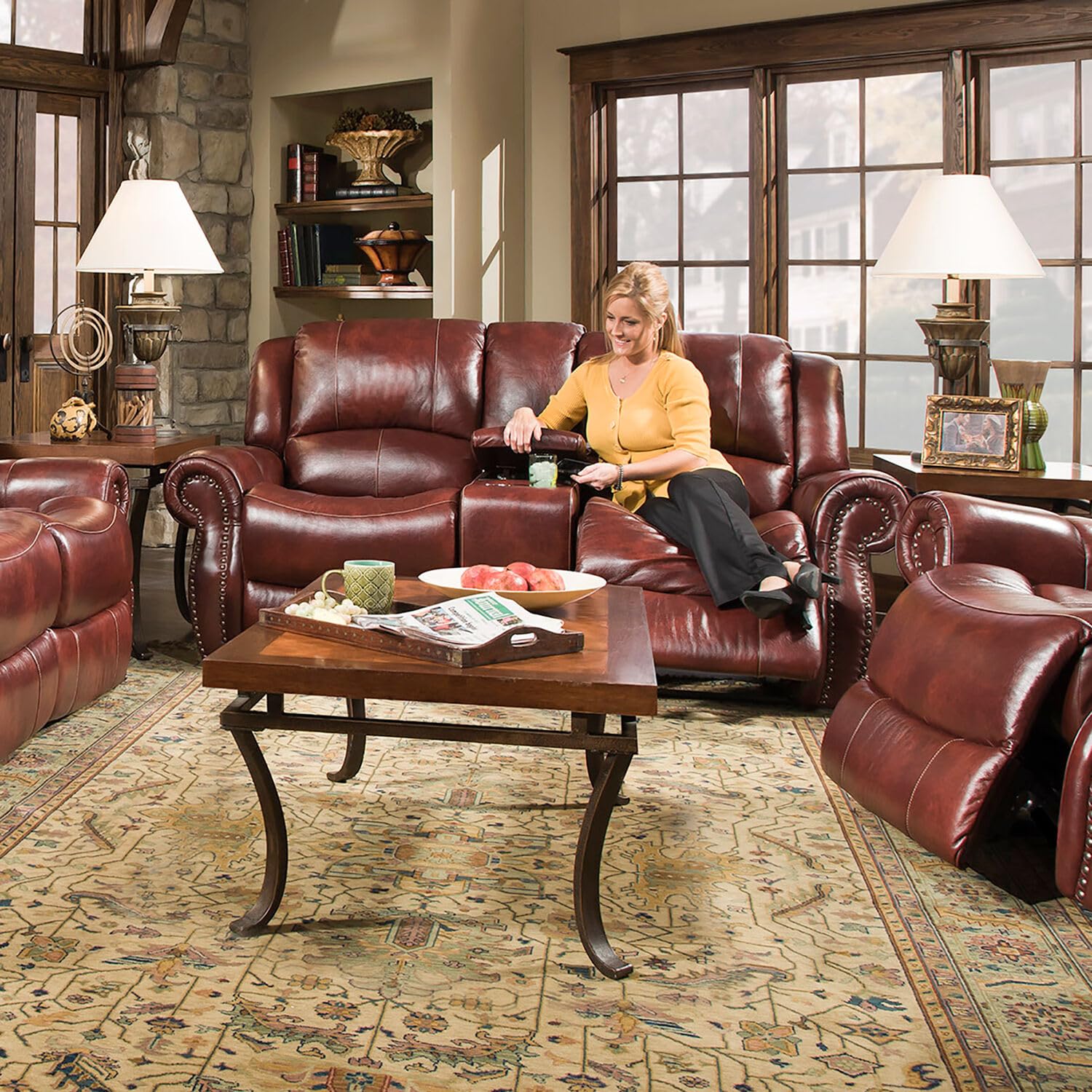 Hanover Aspen 100% Genuine Leather Double-Reclining Sofa, Small Couch with Nailhead Trim, Plush Deep-Seating Couches for Living Room, Den, or Man Cave, Oxblood