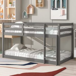 bunk beds twin over twin, wood kids low bunk bed with guard rails, ladder for young children boys girls dormitory bedroom, no box spring needed (grey)