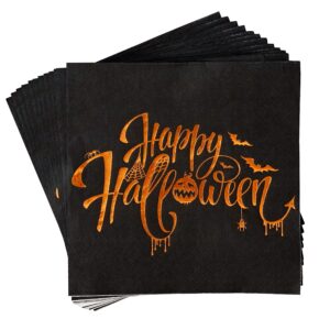 halloween party napkins - 100 pack happy halloween disposable black paper napkins with orange gold foil - 6.5" x 6.5" for halloween decoration and halloween party events