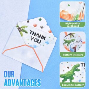 WERNNSAI Watercolor Dinosaur Kids Thank You Cards with Envelopes - Dinosaur Theme Party Supplies 24 Pcs Birthday Note Card with Dino Stickers for Boy Girl Fill in Blank Gift Cards 4'' X 6''