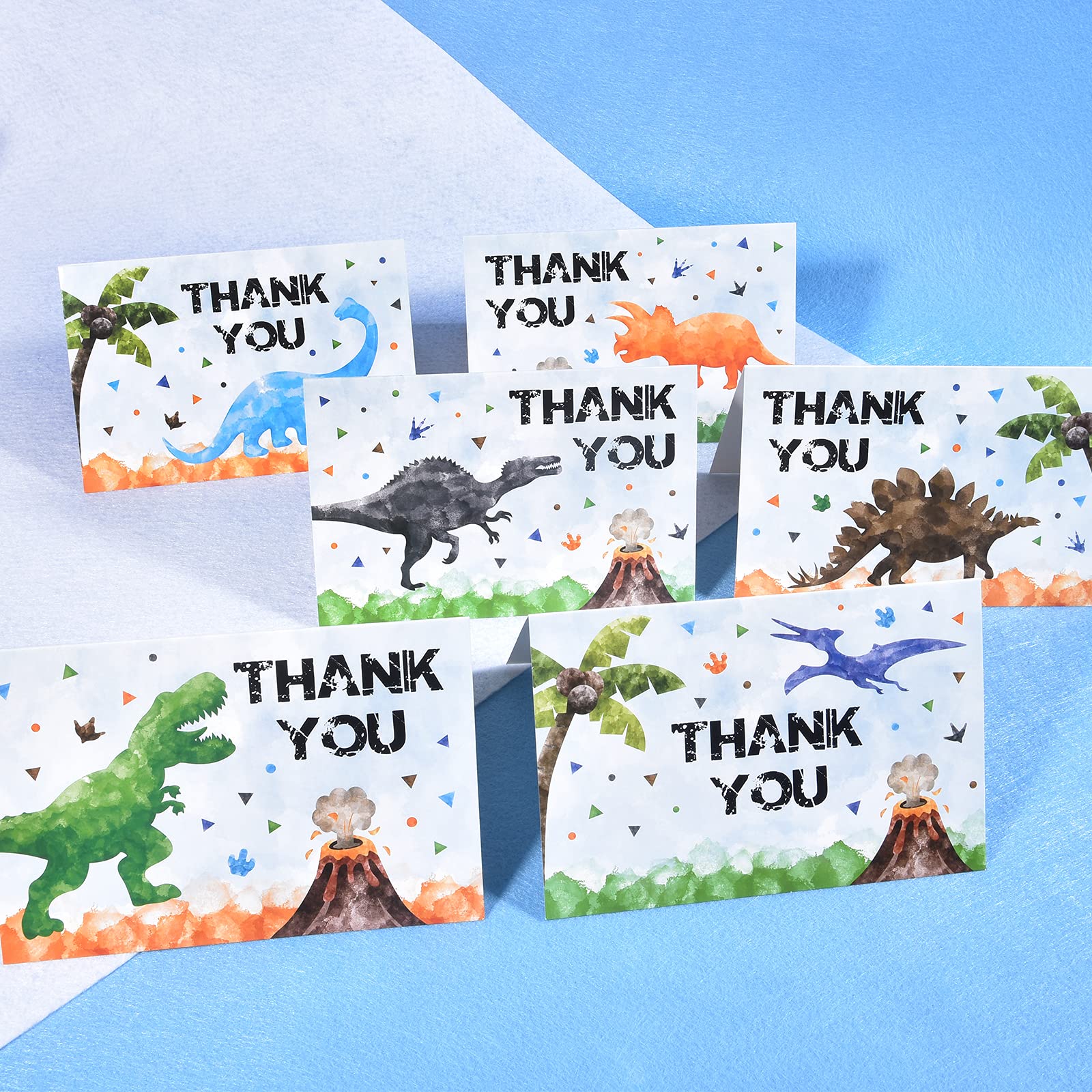 WERNNSAI Watercolor Dinosaur Kids Thank You Cards with Envelopes - Dinosaur Theme Party Supplies 24 Pcs Birthday Note Card with Dino Stickers for Boy Girl Fill in Blank Gift Cards 4'' X 6''