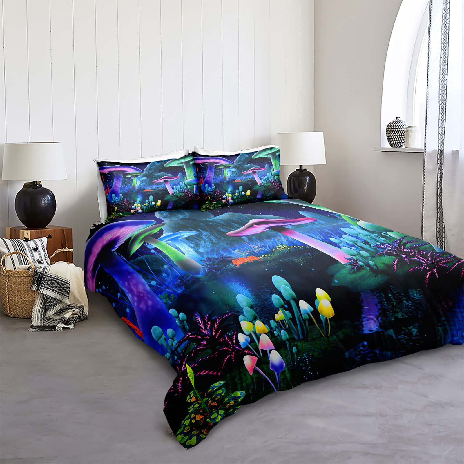 Mushroom Bedding Trippy Mushroom Duvet Cover Set Galaxy Sky Green Purple Mushroom Design Magic Cartoon Bedding Sets King 1 Duvet Cover 2 Pillowcases (King, Mushroom)