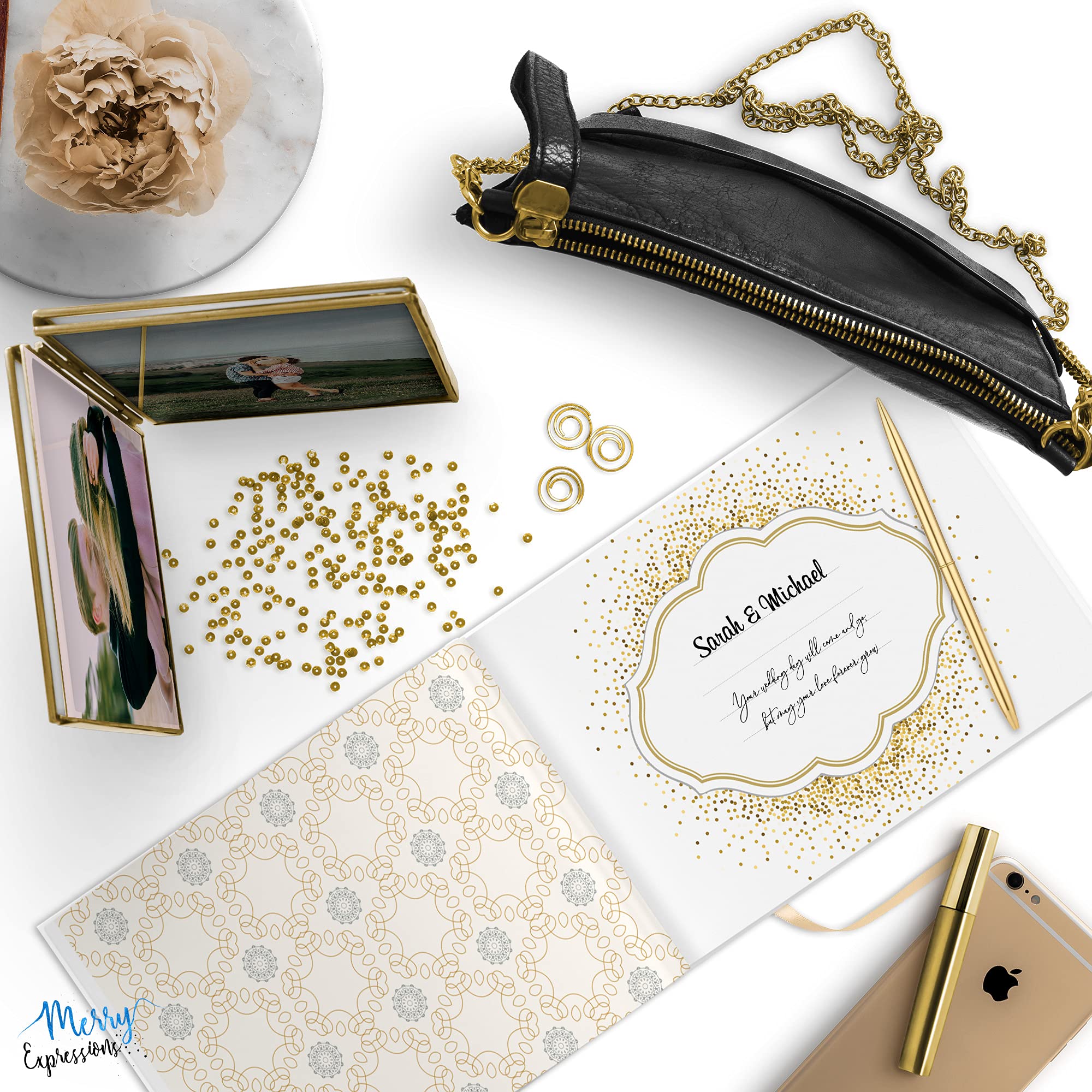 White & Gold Wedding Guest Book w/ Pen & Table Sign - Guestbook Sign in for Reception, Birthday Parties, Bridal or Baby Shower - Gilded Pages, Size 7"x9" inches - Blank Left Page for Polaroids