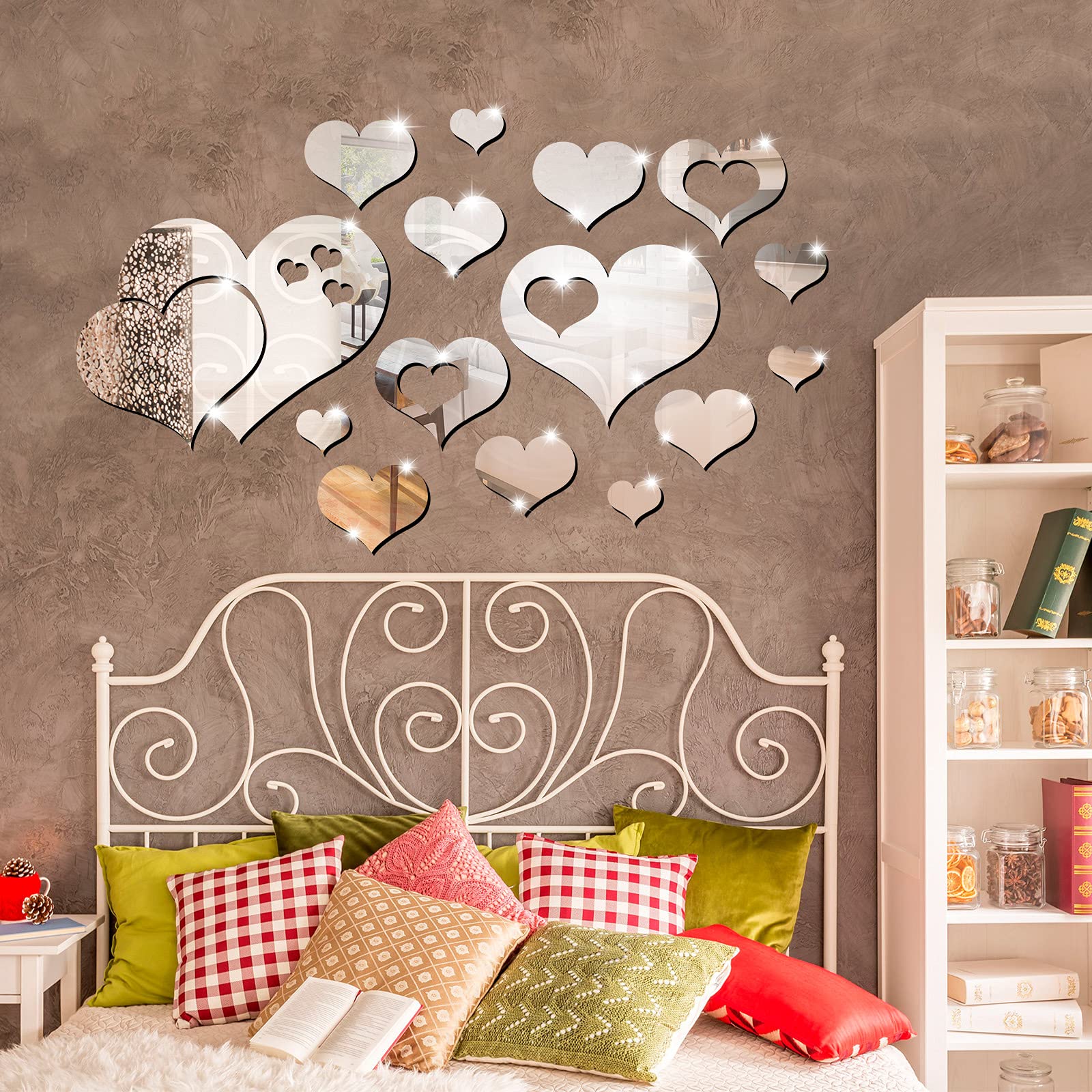 17 Pieces Heart Mirror Wall Decal 3D Acrylic Heart Mirrors Wall Art Decor Removable Heart Wall Sticker for Living Room Bedroom Home Decoration