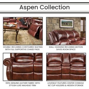 Hanover Aspen 100% Genuine Leather Double-Reclining Sofa, Small Couch with Nailhead Trim, Plush Deep-Seating Couches for Living Room, Den, or Man Cave, Oxblood