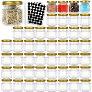 starside 48 pack 1.5 oz hexagon glass canning jars with gold lids, mini jam jars for honey,sauce,baby foods, wedding favors,diy small spice jars. include 1 pen and 80 labels.