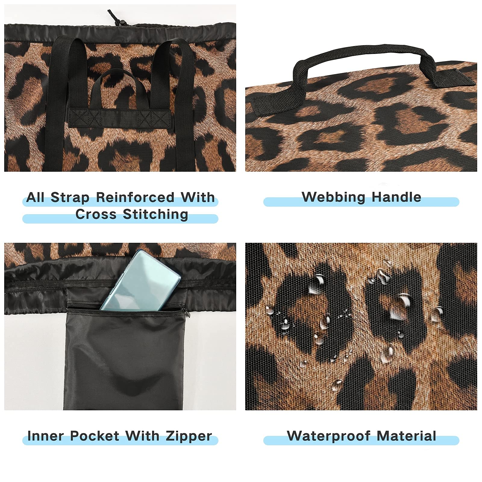 Leopard Laundry Bag Heavy Duty Laundry Backpack Large with Adjustable Shoulder Straps for Traveling Dirty Clothes Organizer for College Students Waterproof