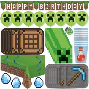 mega minecraft party supplies and decorations set, minecraft birthday party supplies, serves 16 guests, includes plates, banner, table cover, balloons and more