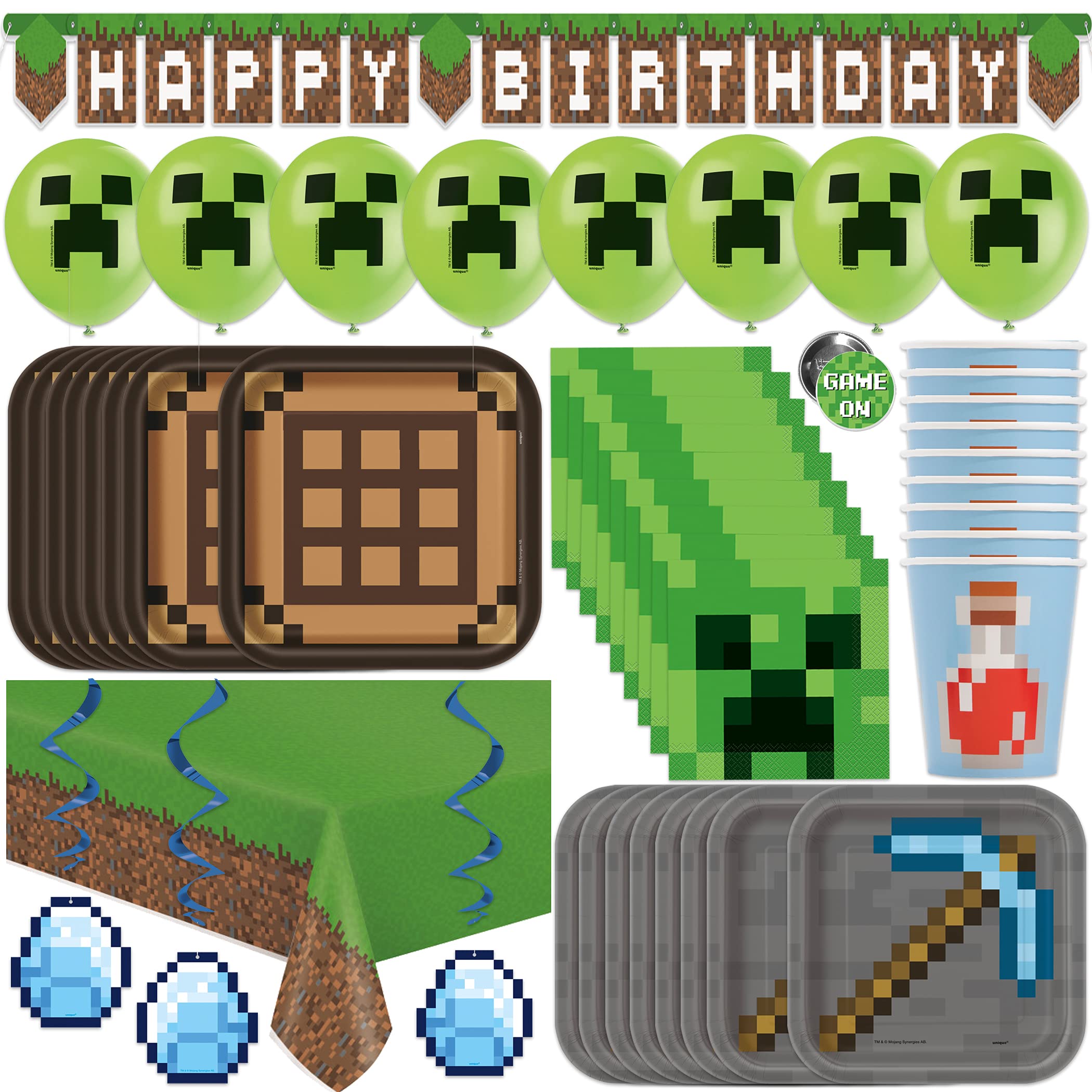 Mega Minecraft Party Supplies and Decorations Set, Minecraft Birthday Party Supplies, Serves 16 Guests, Includes Plates, Banner, Table Cover, Balloons and More