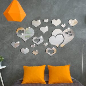 17 Pieces Heart Mirror Wall Decal 3D Acrylic Heart Mirrors Wall Art Decor Removable Heart Wall Sticker for Living Room Bedroom Home Decoration